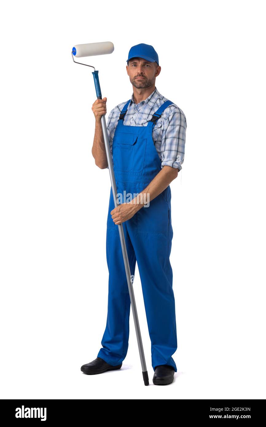Male house painter man in uniform with paint roller Isolated over white ...