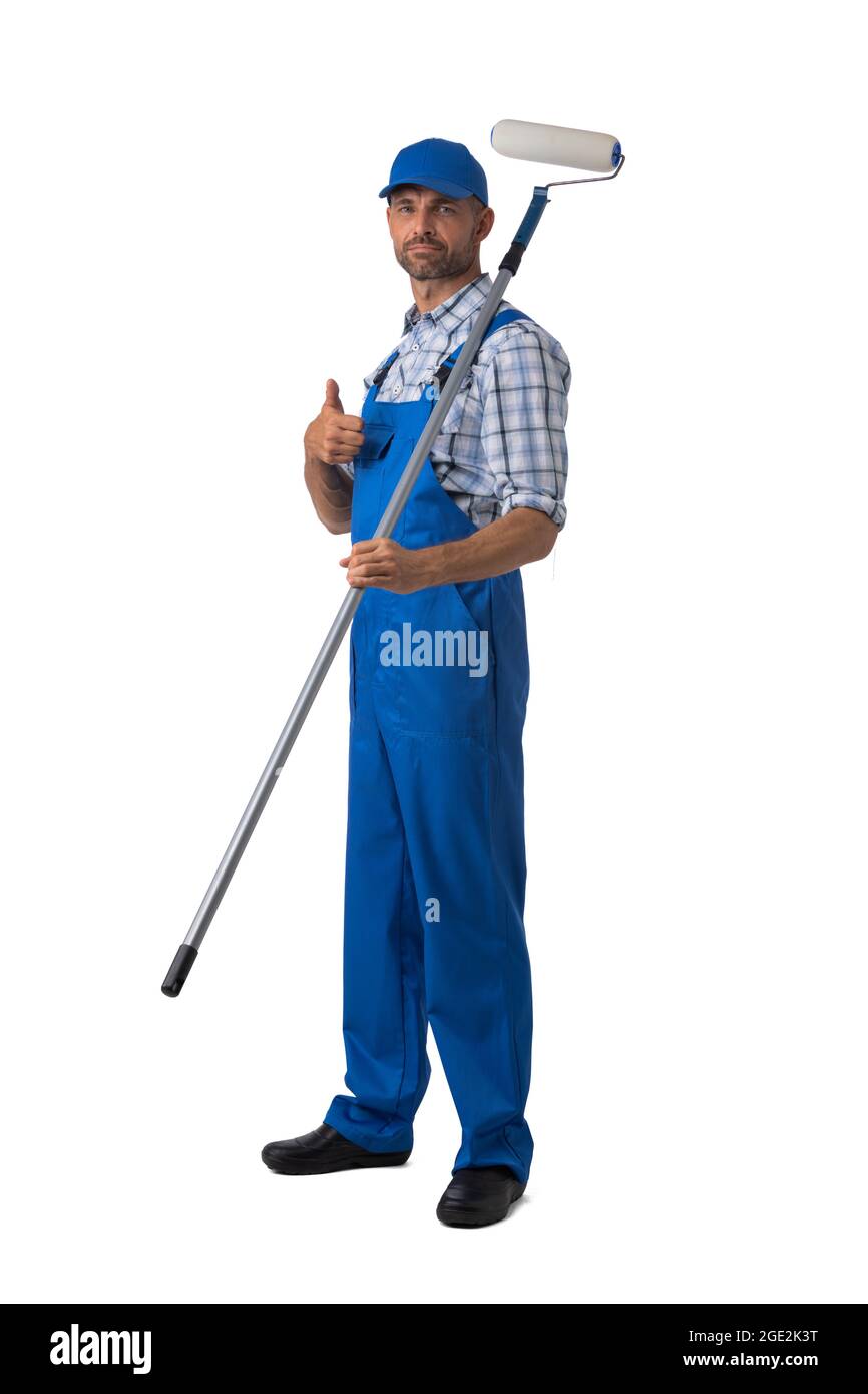 Male house painter man in uniform with paint roller Isolated over white ...