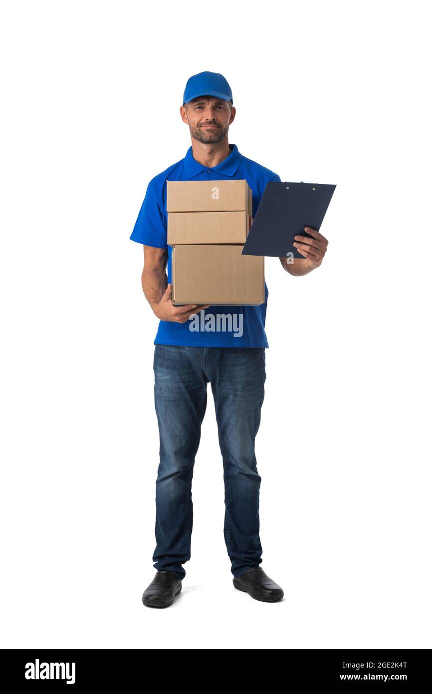 Smiling young post employee with parcels and document folder isolated ...