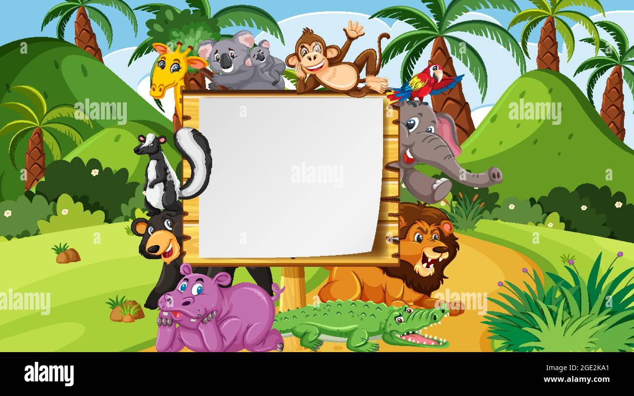 Empty wooden frame with various wild animals in the forest illustration ...