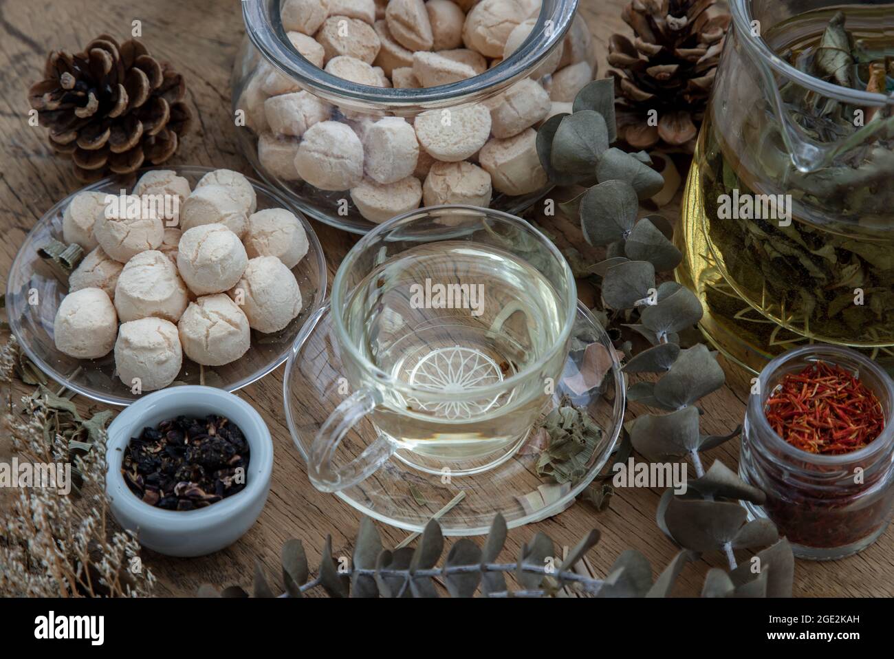 Morning refreshing with herbal tea which is served with Khanom Ping (Thai traditional dessert ...