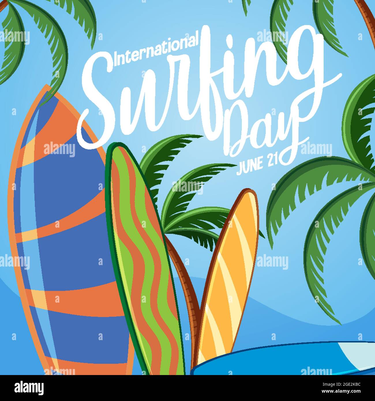 International Surfing Day banner with many surfboards on the beach ...