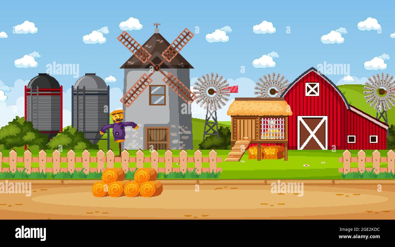Farm scene with barn and windmill illustration Stock Vector Image & Art ...