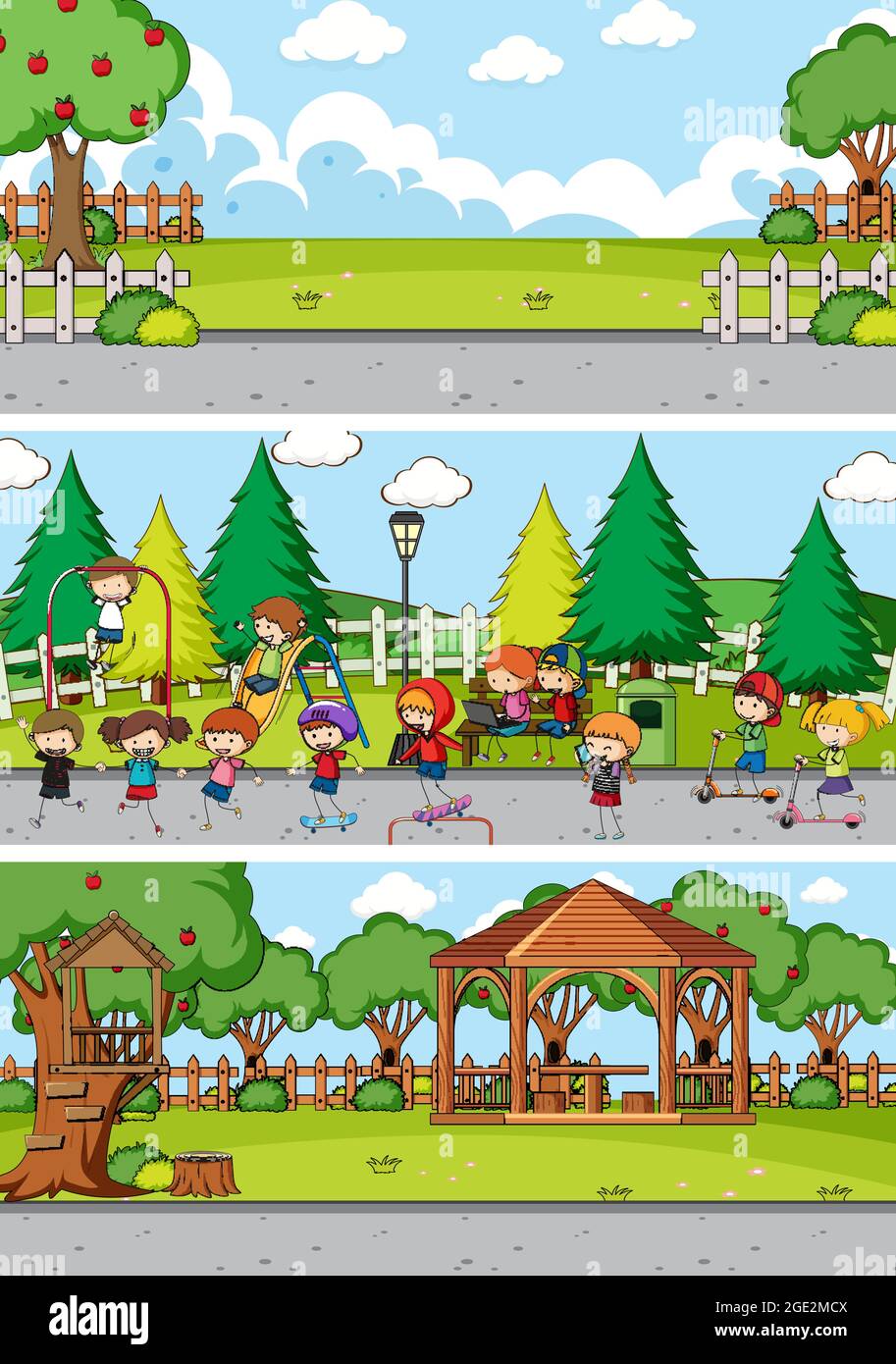 Set of different horizon scenes background with doodle kids cartoon ...
