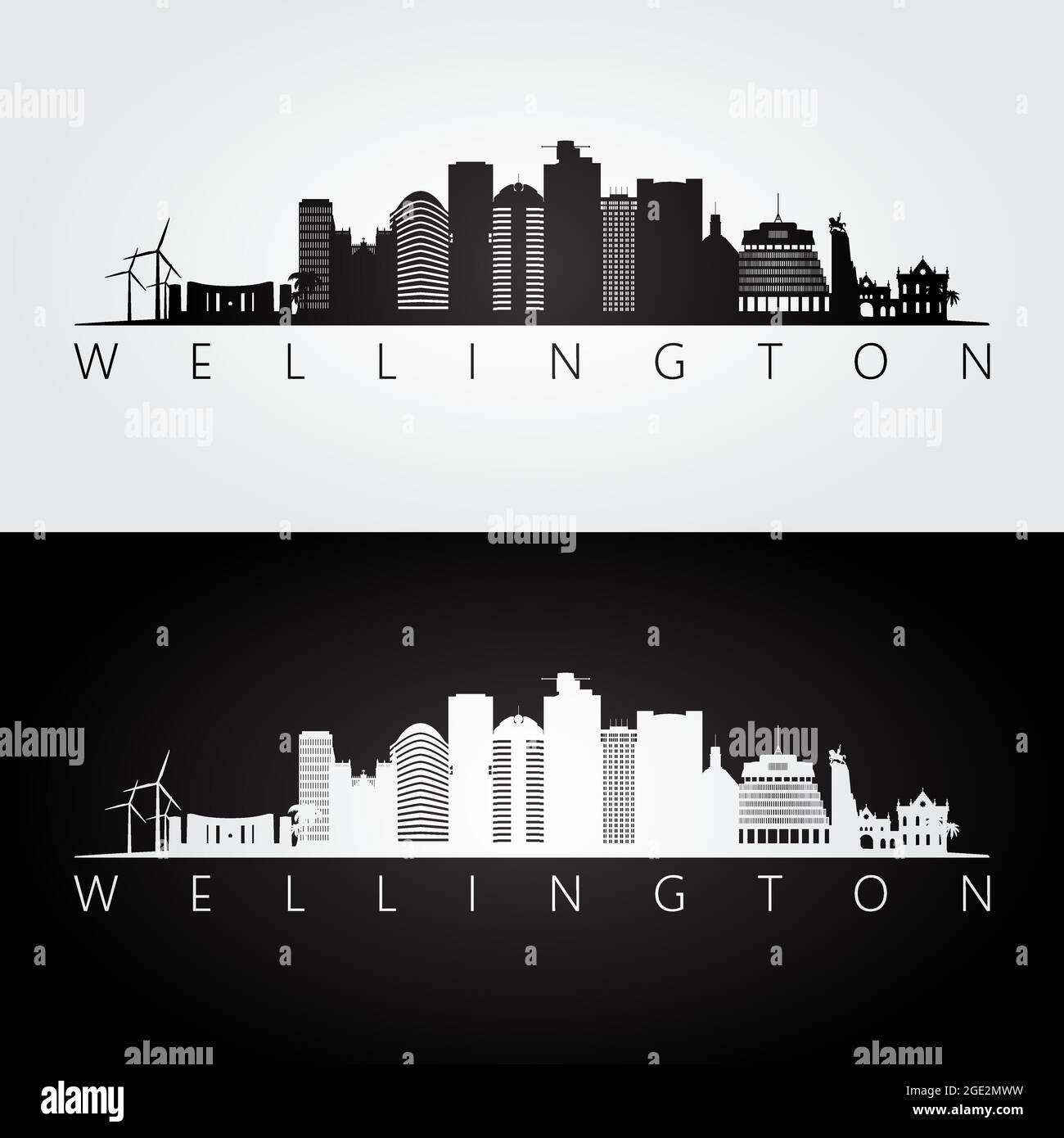 Wellington skyline and landmarks silhouette, black and white design ...