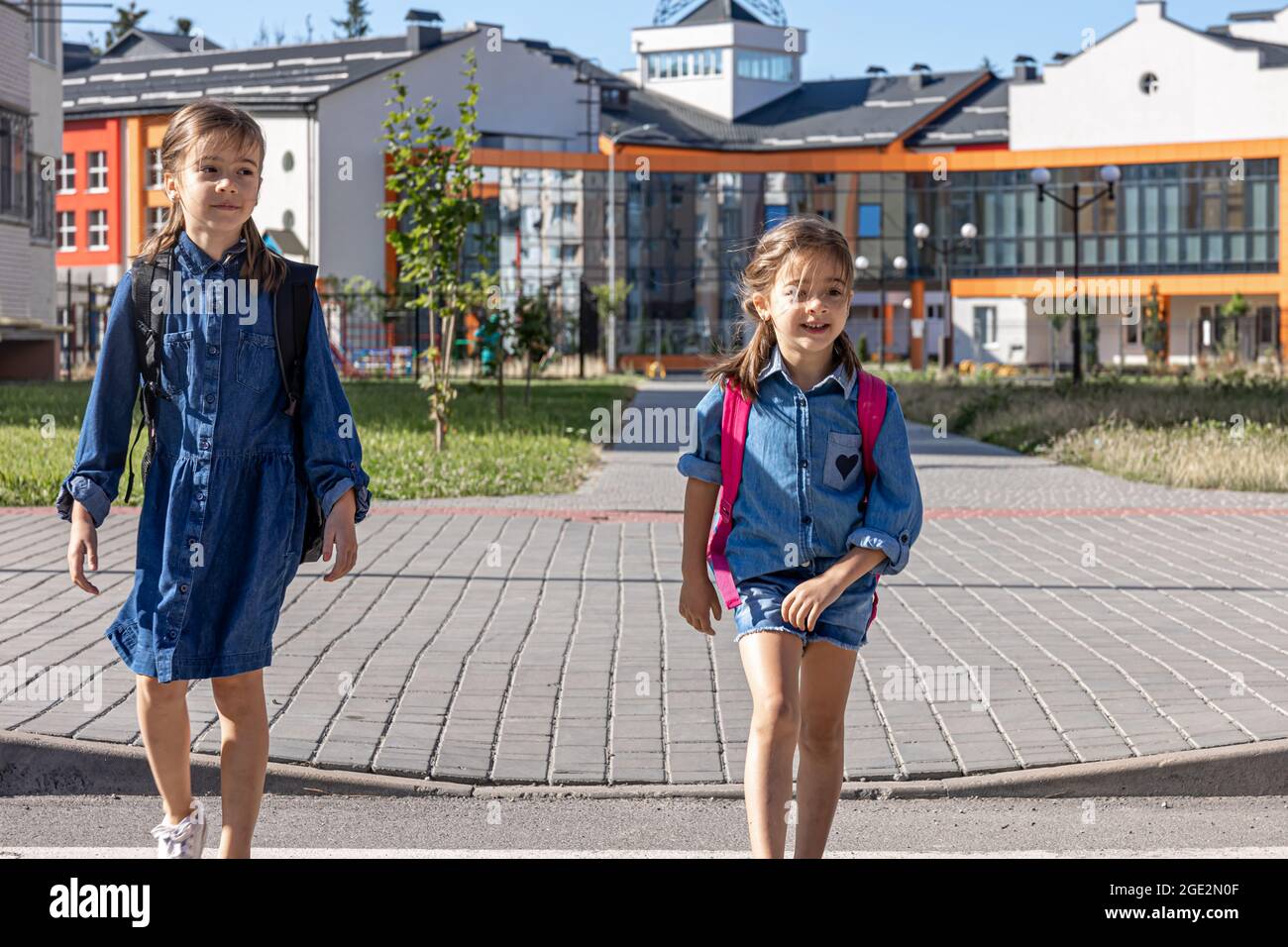 Primary school students go home after school, the first day of school ...