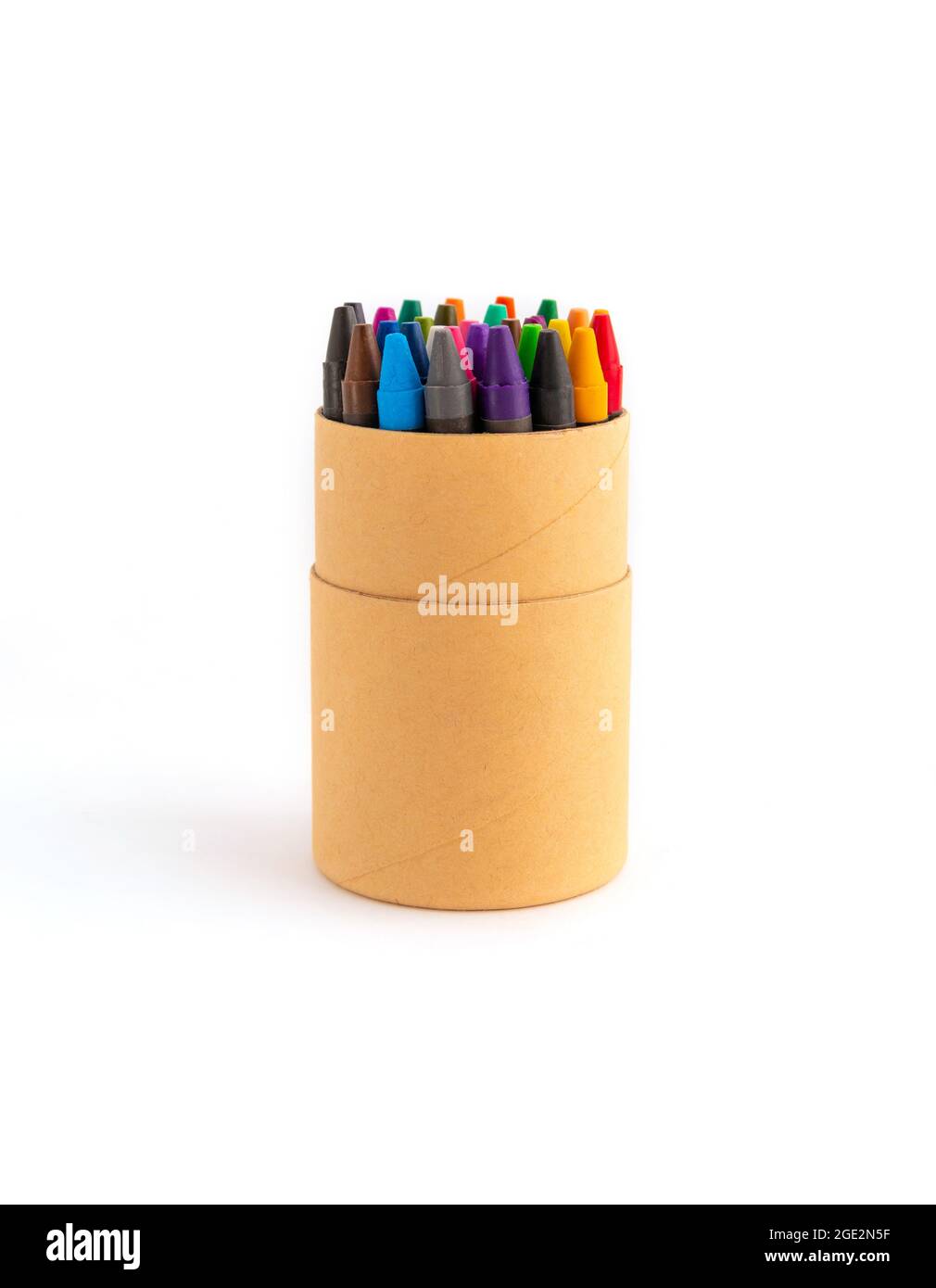 Colored waxy pencils in eco cardboard box isolated on white background ...