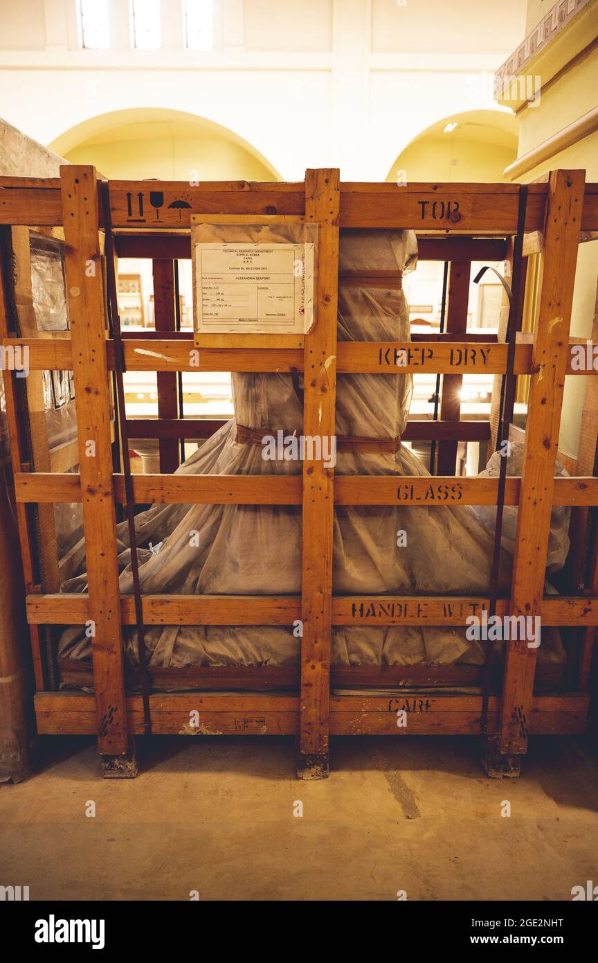 CAIRO, EGYPT - Jun 06, 2021: An ancient relic wrapped safely inside a ...