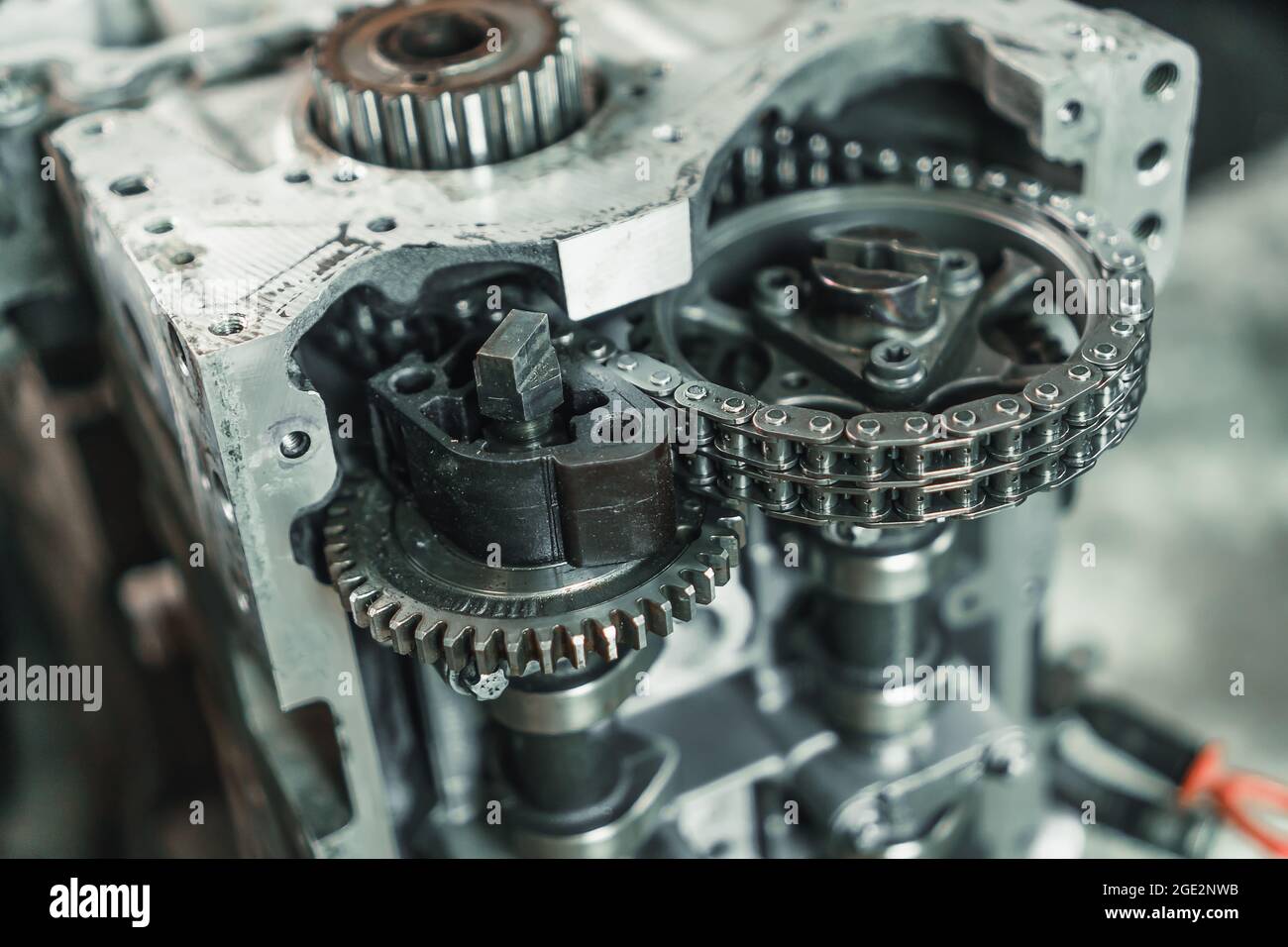 Close-up of the chain and gears of a car engine. Car engine repair ...