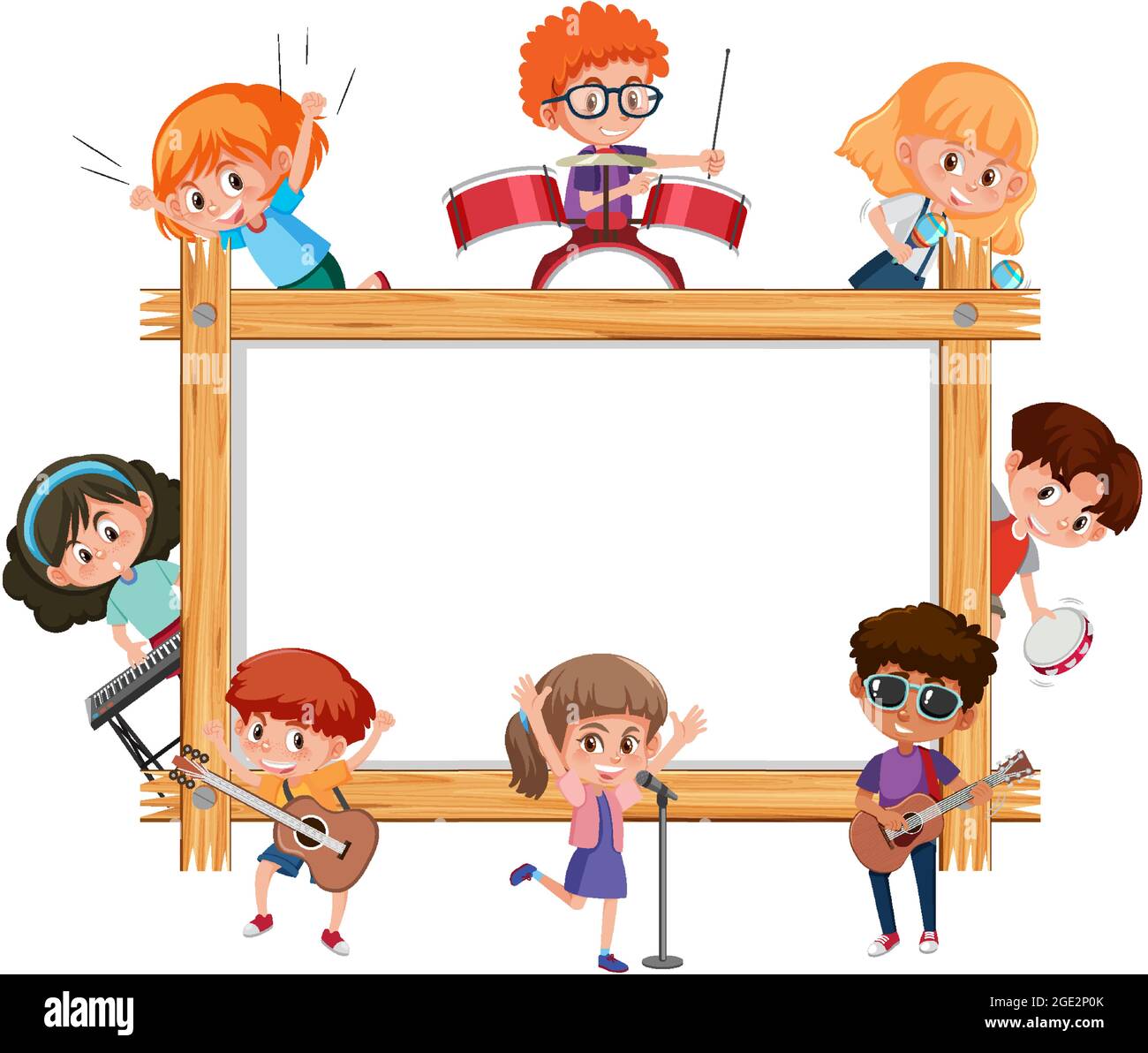 Empty wooden frame with kids playing different musical instruments ...