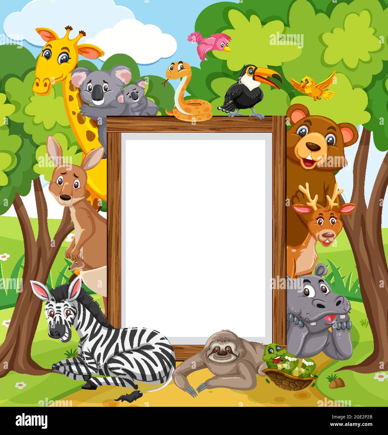 Empty wooden frame with various wild animals in the forest illustration ...