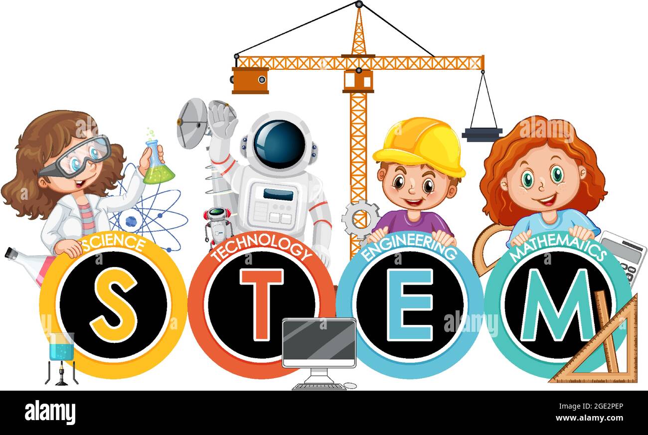 STEM education logo banner with kids cartoon character illustration ...