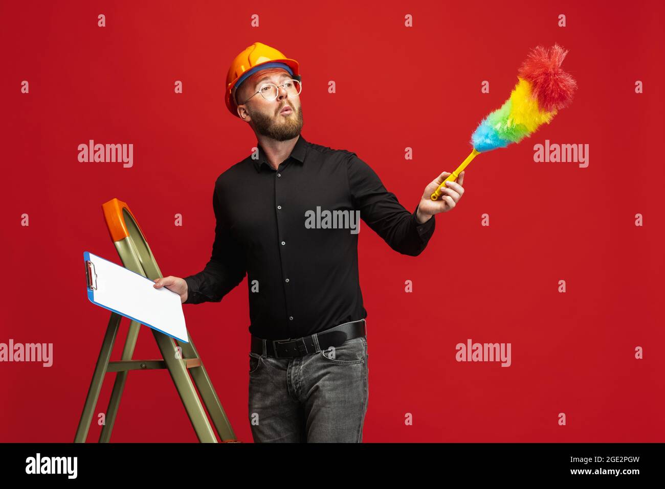 Portrait of funny bearded man, builder, designer or architect with ...