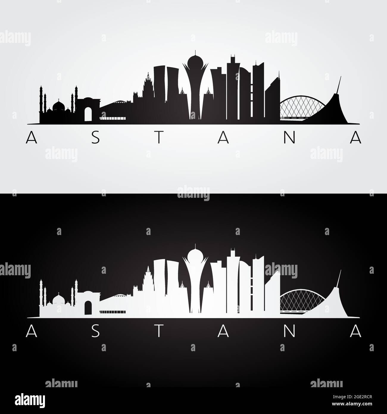 Astana skyline and landmarks silhouette, black and white design, vector ...