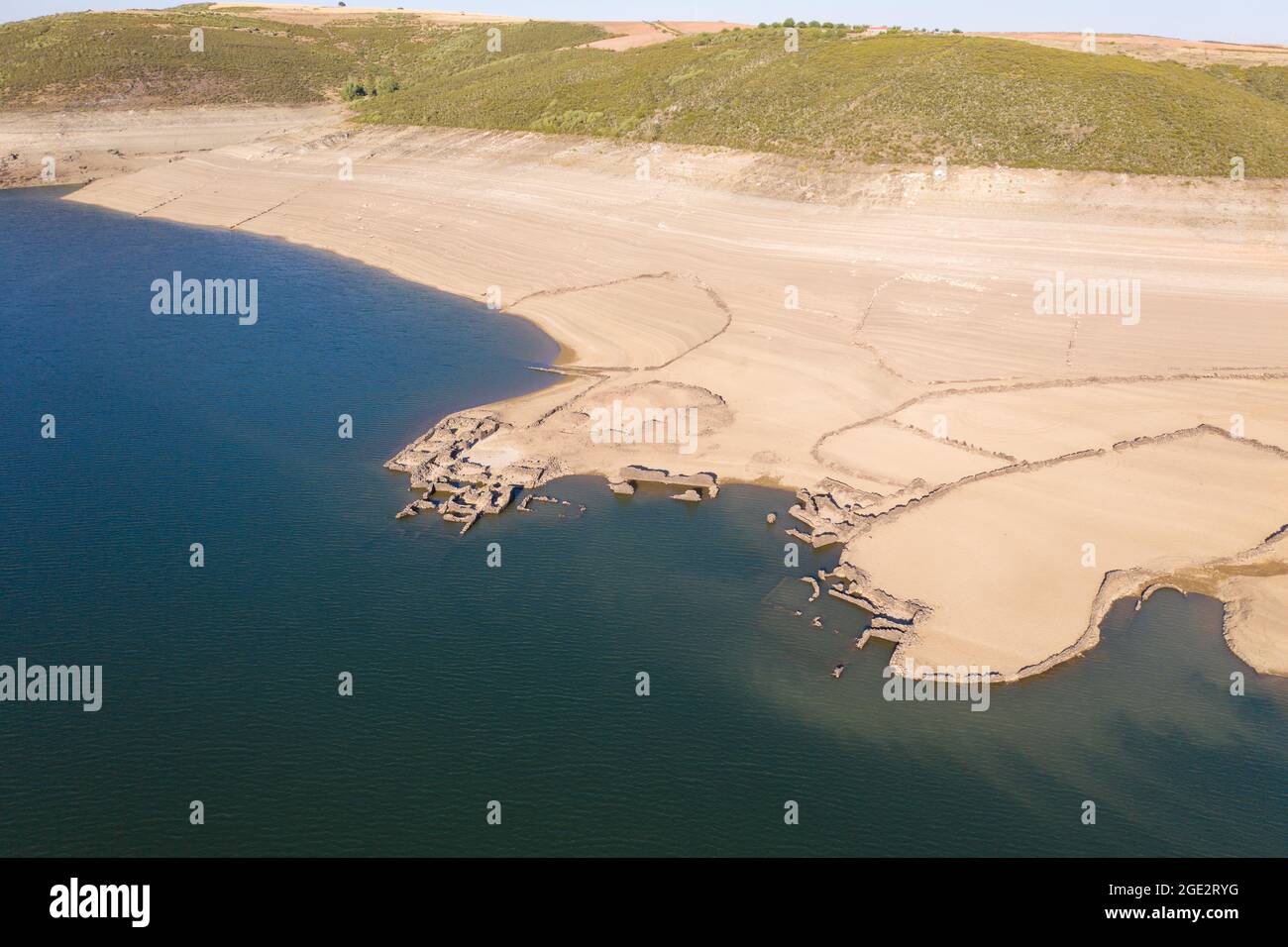 Aerial view of the ruins of a village on the Ricobayo reservoir ...