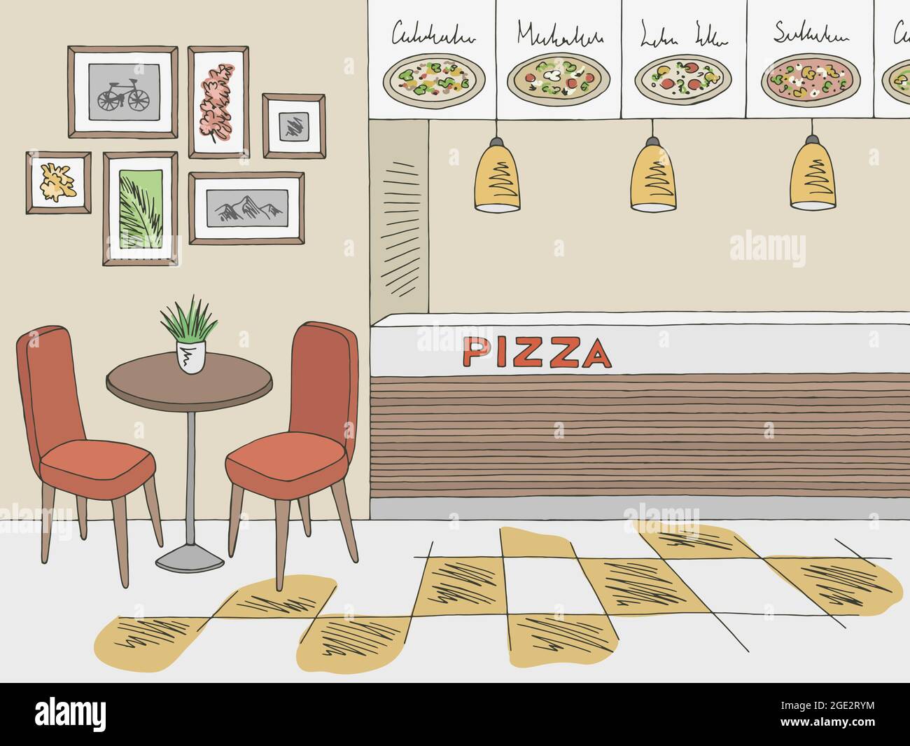 Pizza restaurant interior fast food court graphic color sketch ...