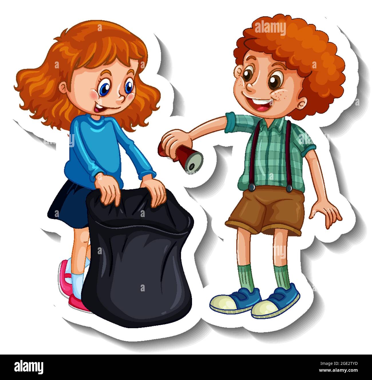Sticker template with couple of kids cartoon character isolated ...