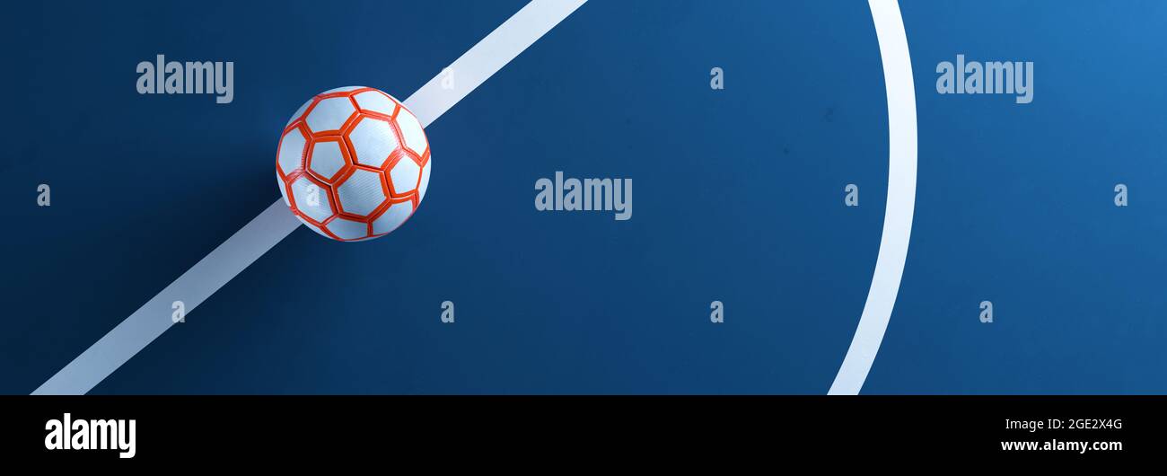 Blue futsal indoor soccer field with ball in center view from above ...