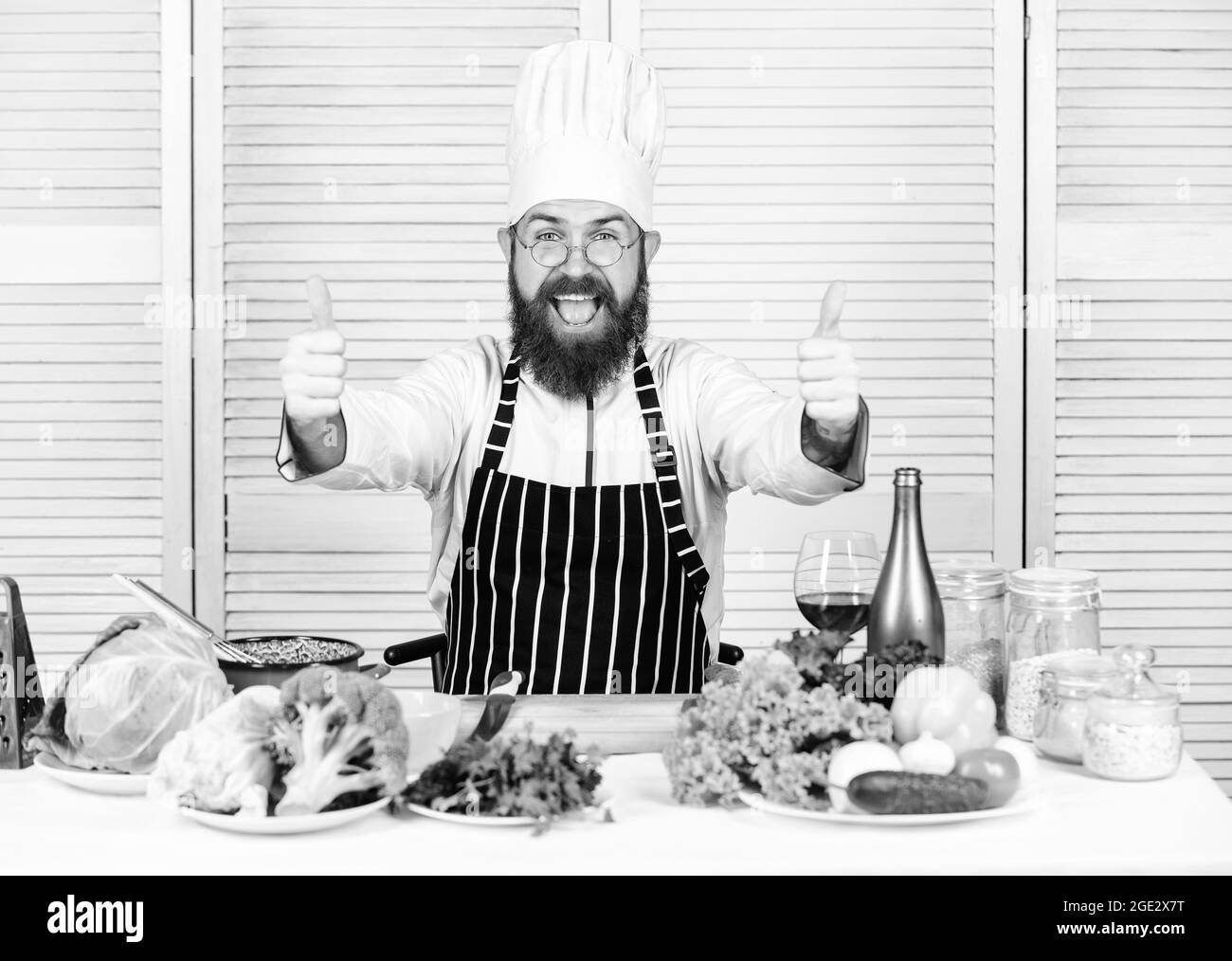 Get ready. Man bearded chef getting ready cooking delicious dish. Chef ...