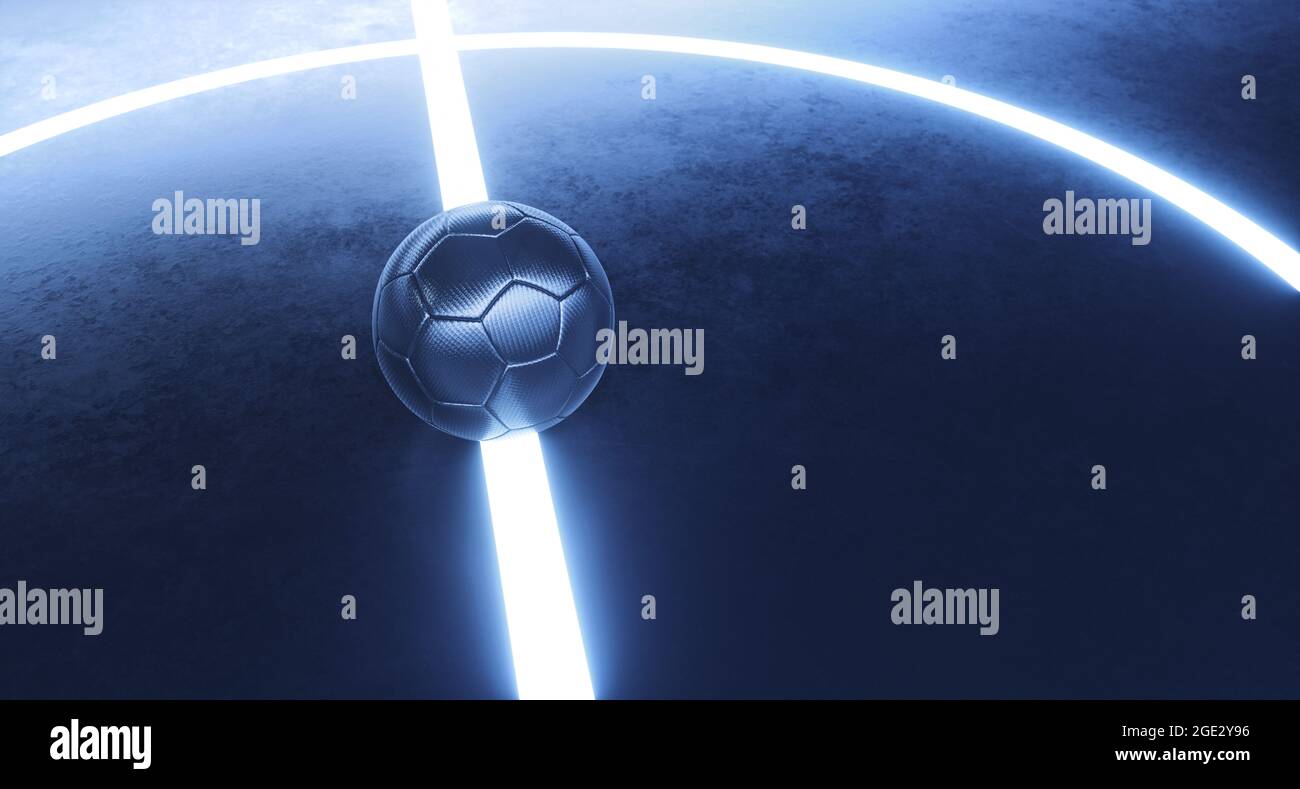 Blue futsal ball on futuristic glowing light beam in a dark black ...