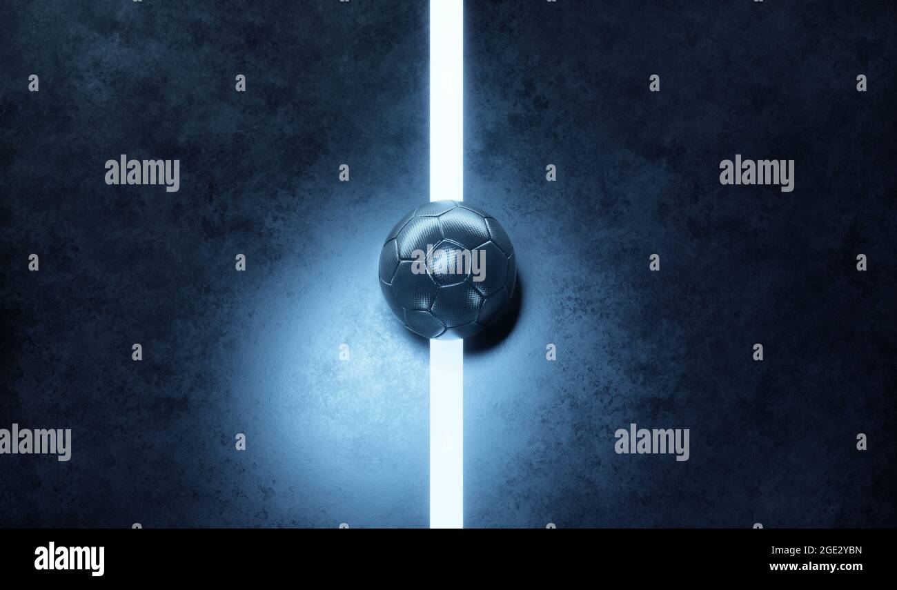 Futuristic black futsal soccer field with ball laying on the line and ...