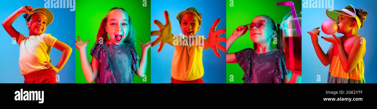 Art collage made of portraits of little happy girl, child isolated on ...