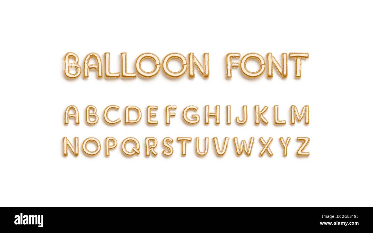 Inflated gold balloon font with capital alphabet, top view, 3d ...