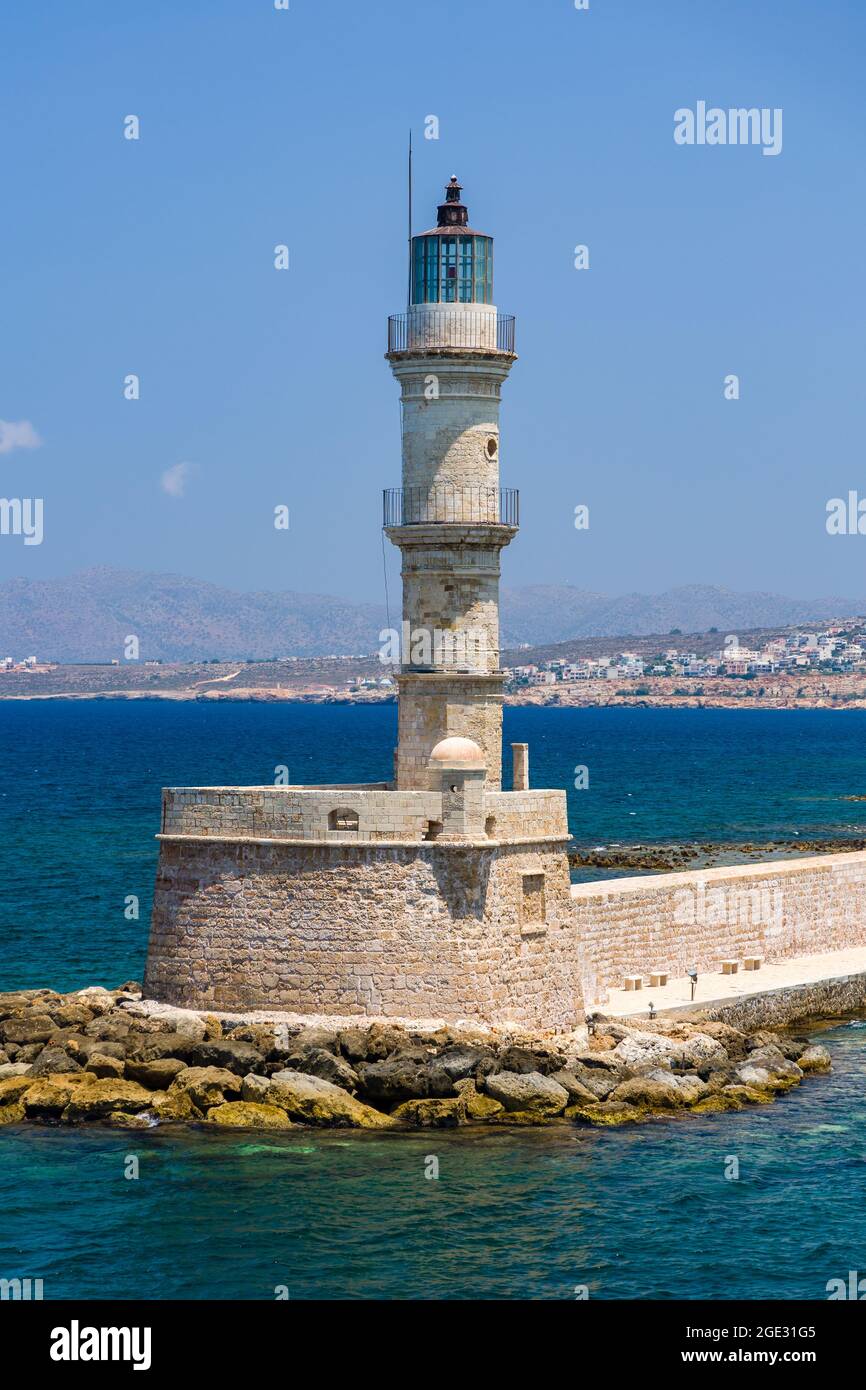 Ancient Venetian lighthouse at the old port of Chania (Crete) in the ...