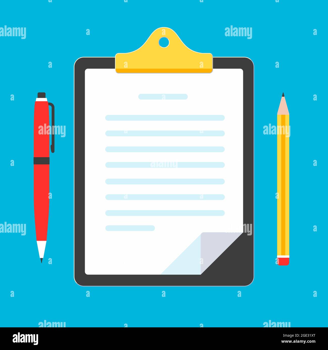 Clipboard with text on it, paper sheets, pen and pencil isolated on ...