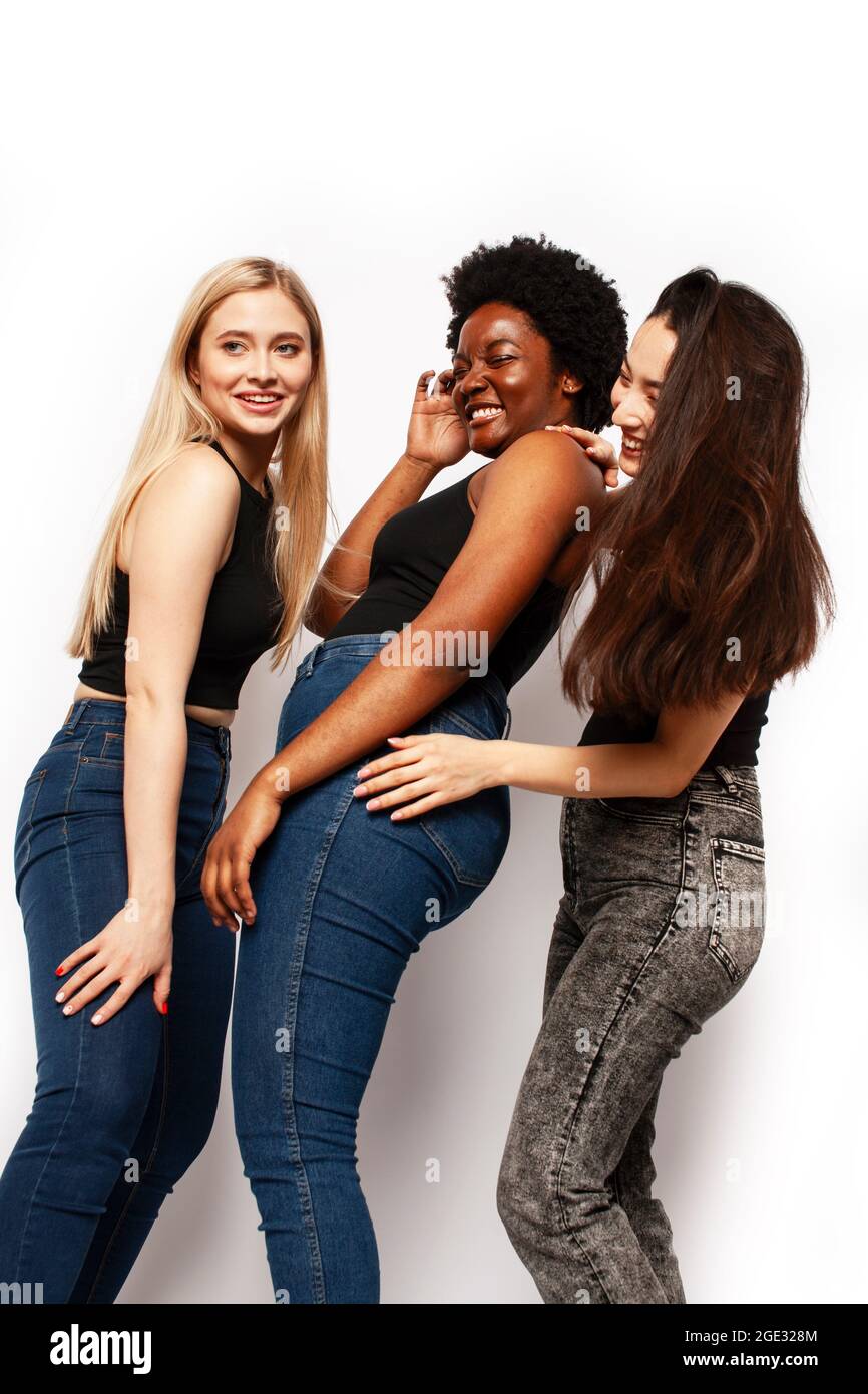 diverse multi nation girls group, teenage friends company cheerful ...