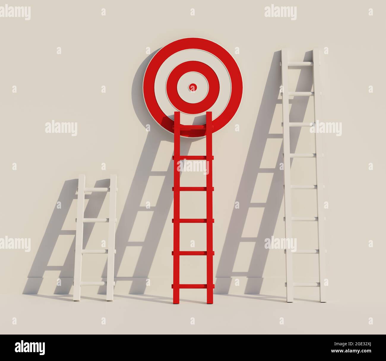 A red ladder reaching one dartboard on wall. Concept of reaching target ...