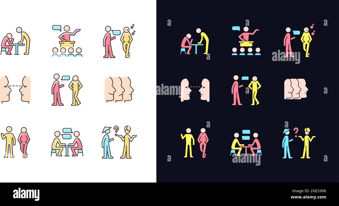 Communication process light and dark theme RGB color icons set Stock ...