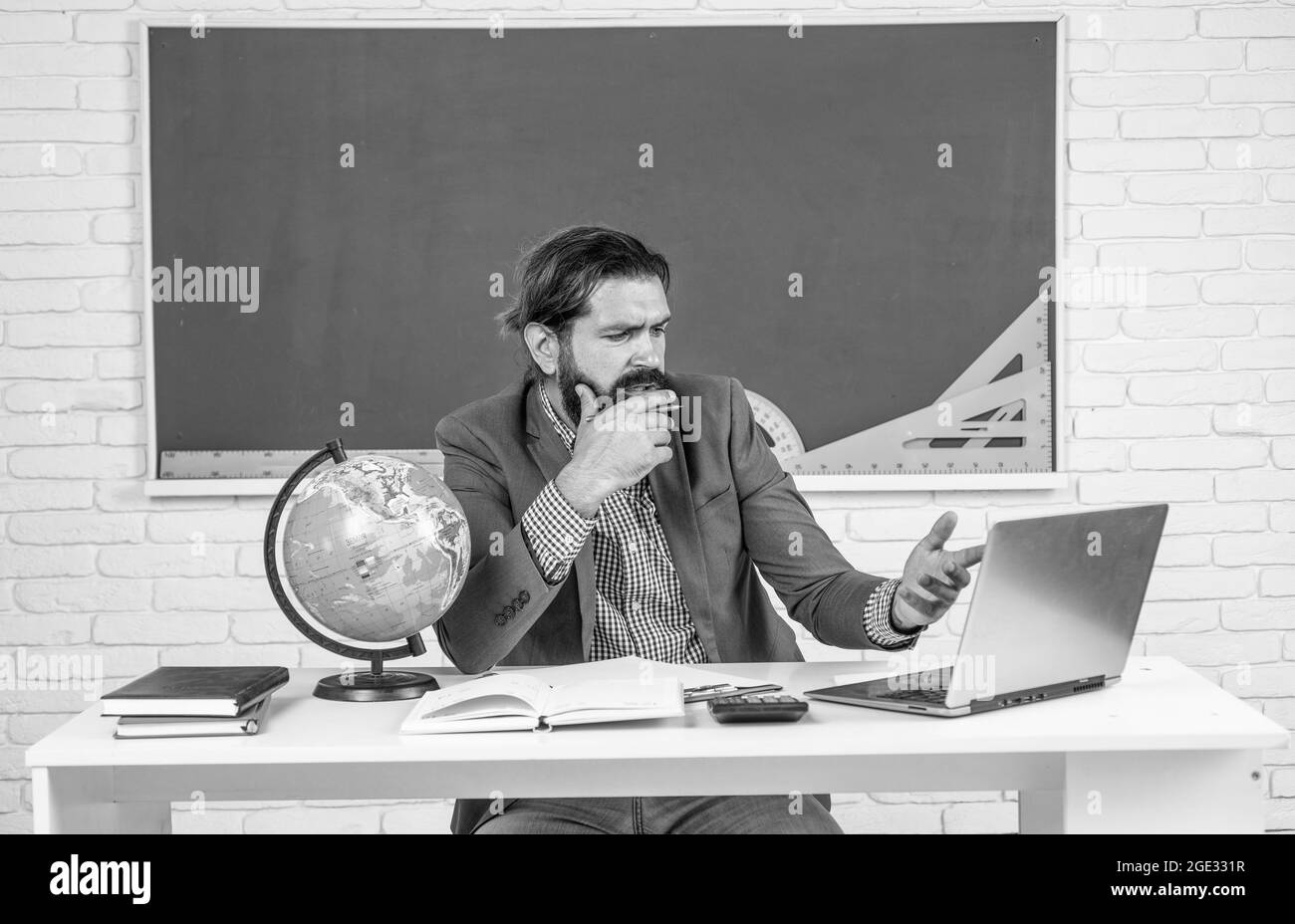 college student man distance learning studying with online teacher on ...