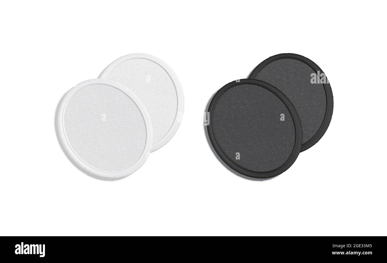 Blank black and white round embroidered patch mockup pair, isolated, 3d ...