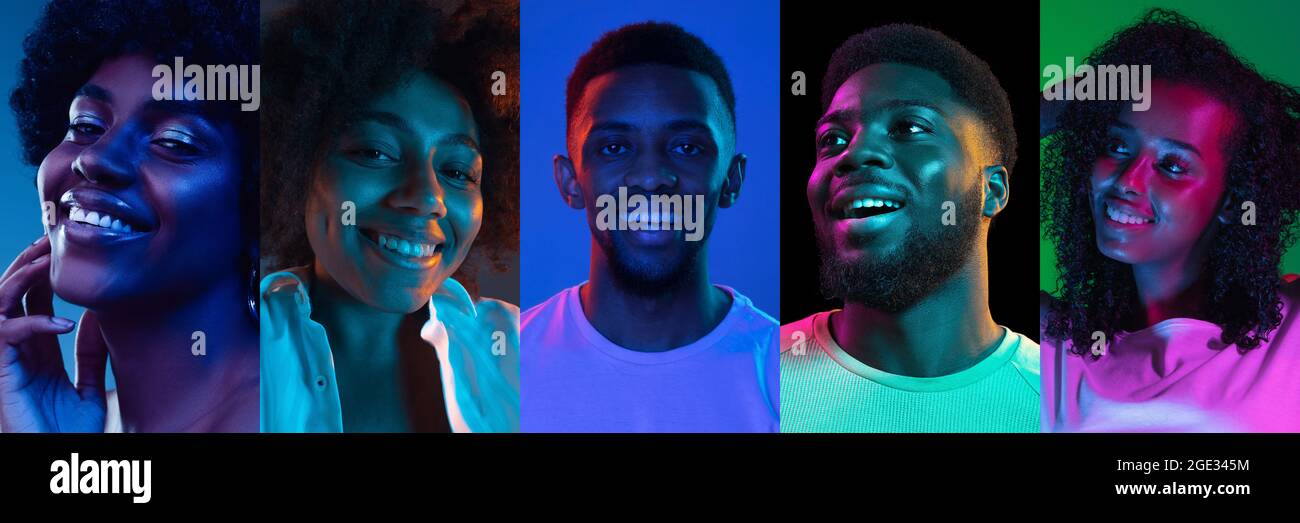 Close-up portraits of group of people on multicolored background in ...