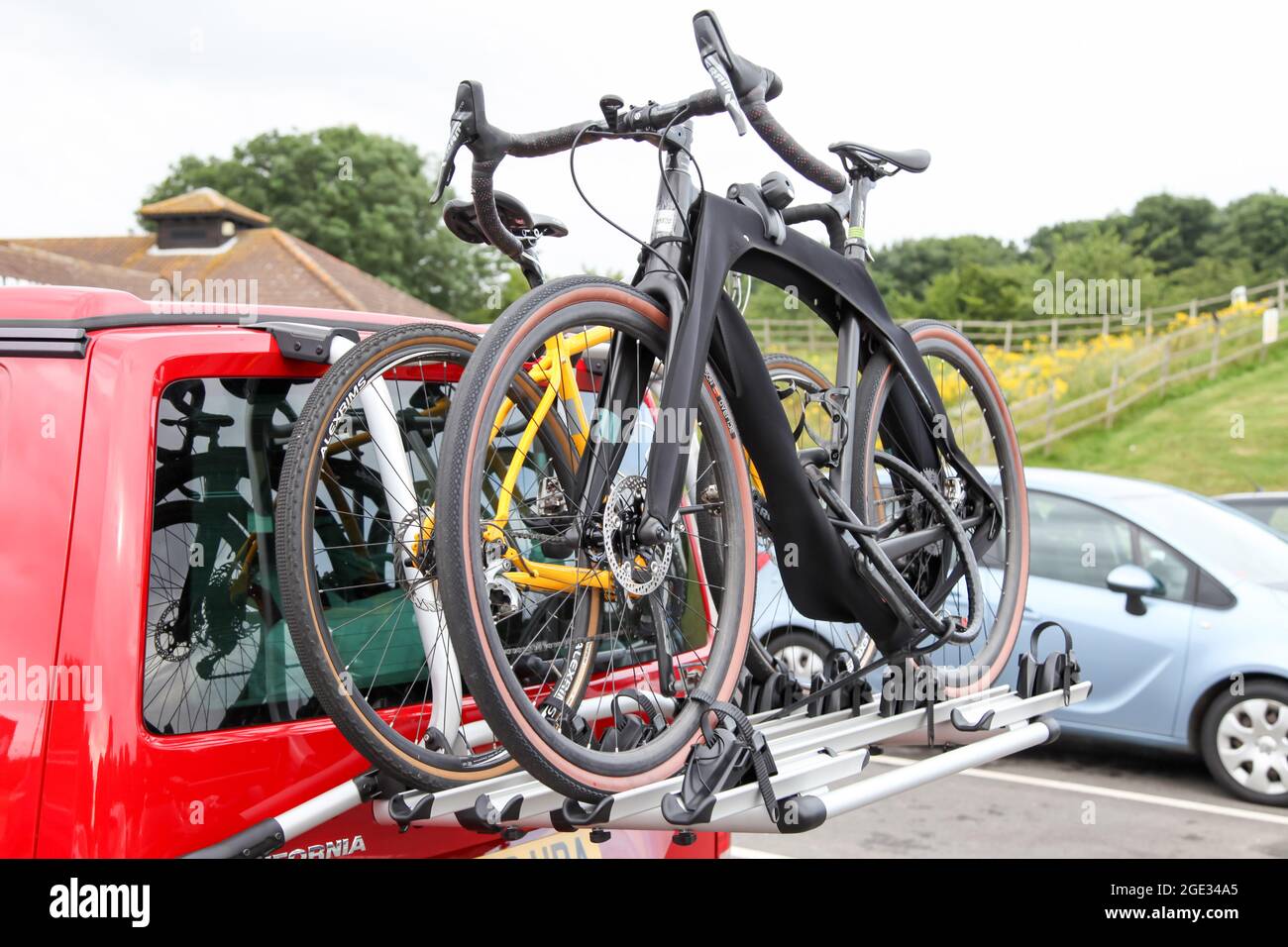 Bikes on car bicycle rack at Motorway Services - Westbound M4, Lambourn ...