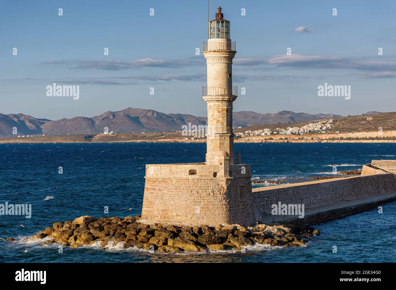 Ancient Venetian lighthouse at the old port of Chania (Crete) in the ...
