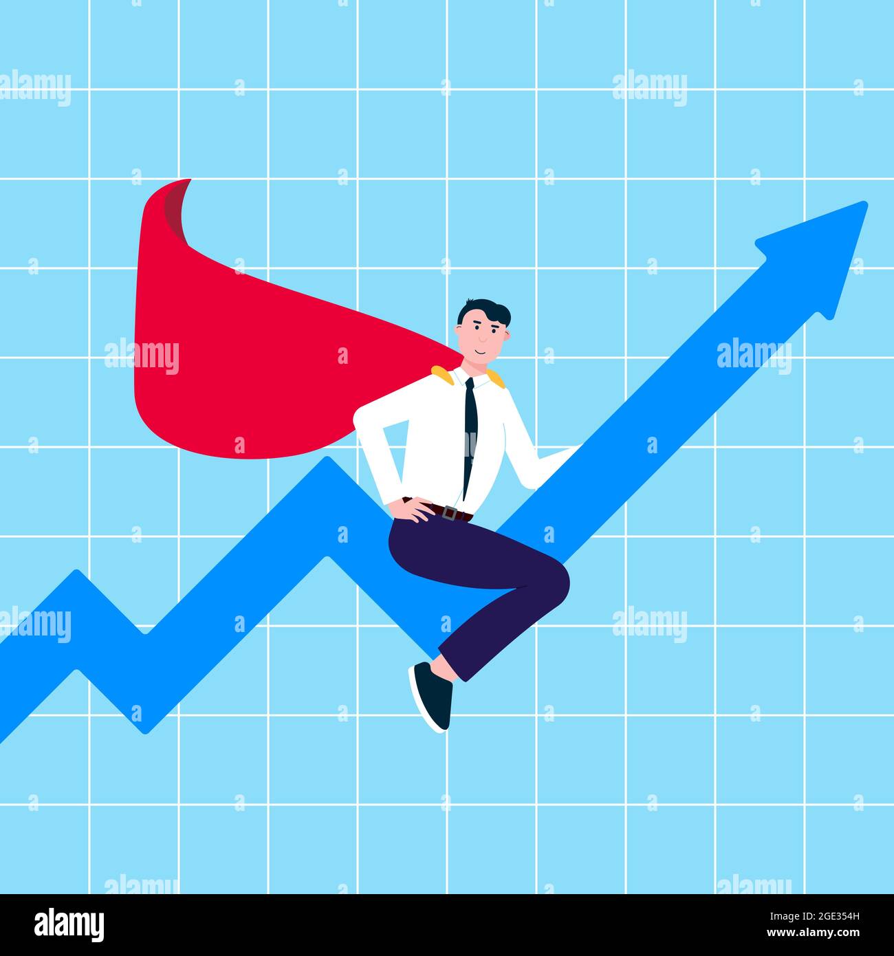 Successful man, leader, businessman in suit and red cape ride on graph ...