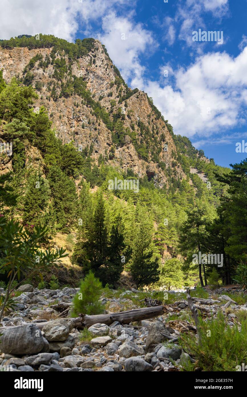 Dry riverbed and towering cliffs in a huge natural gorge (Samaria Gorge ...
