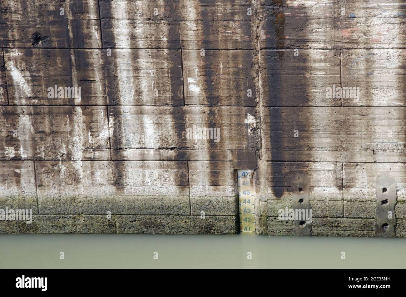Depth markings showing water level on the wall of the Panama Canal at ...