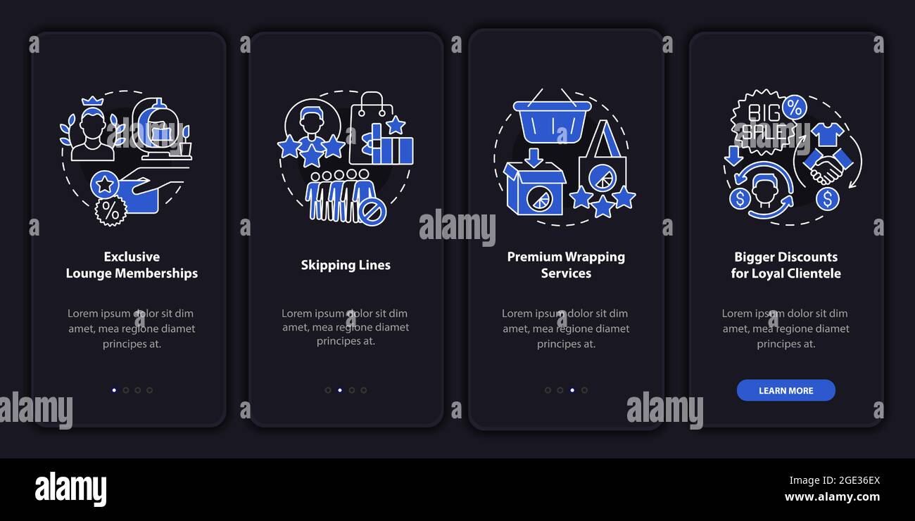 Loyalty program perks dark onboarding mobile app page screen Stock ...