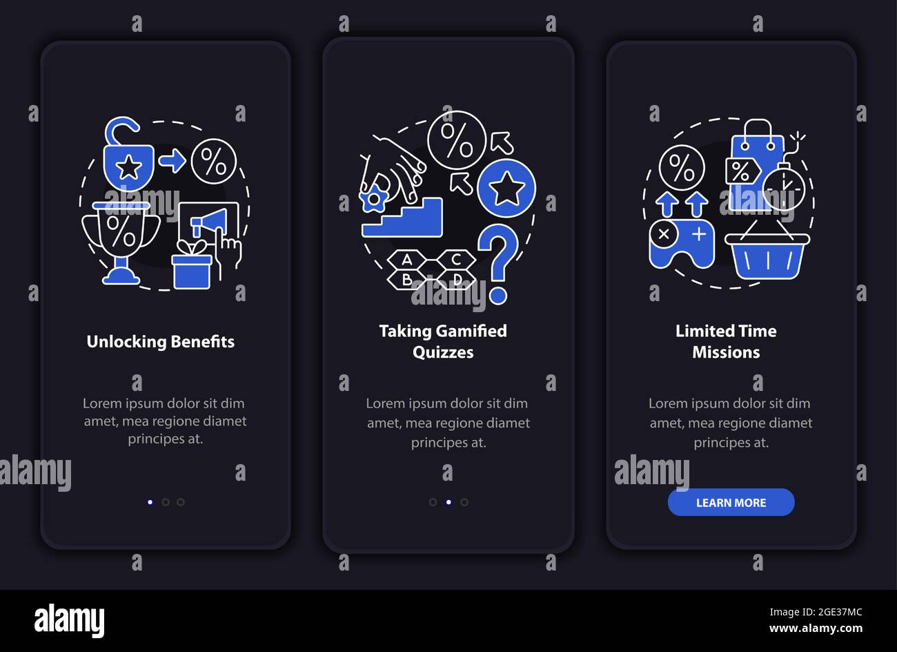 Gamified loyalty programs examples dark onboarding mobile app page screen Stock Vector Image ...