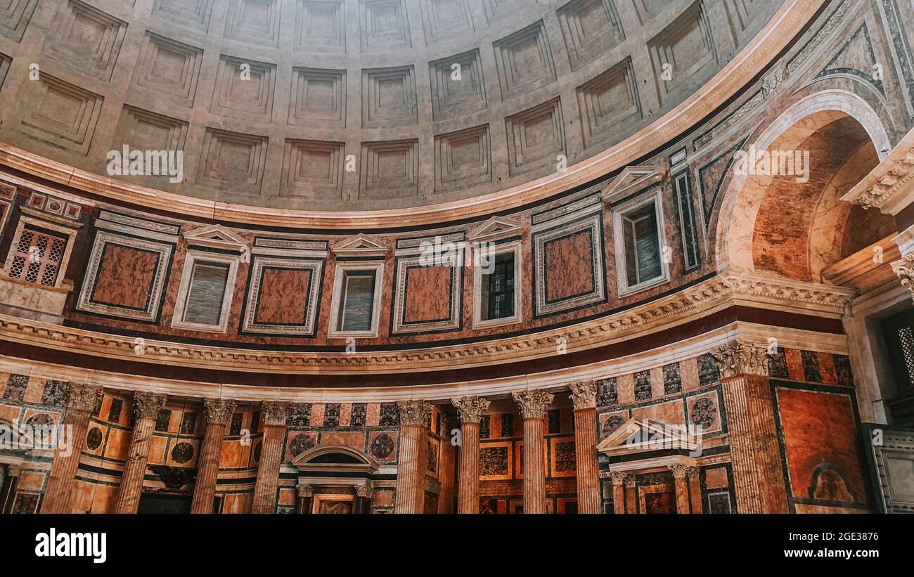 Interior of the Pantheon with geometric pattern of the ceiling and wall ...