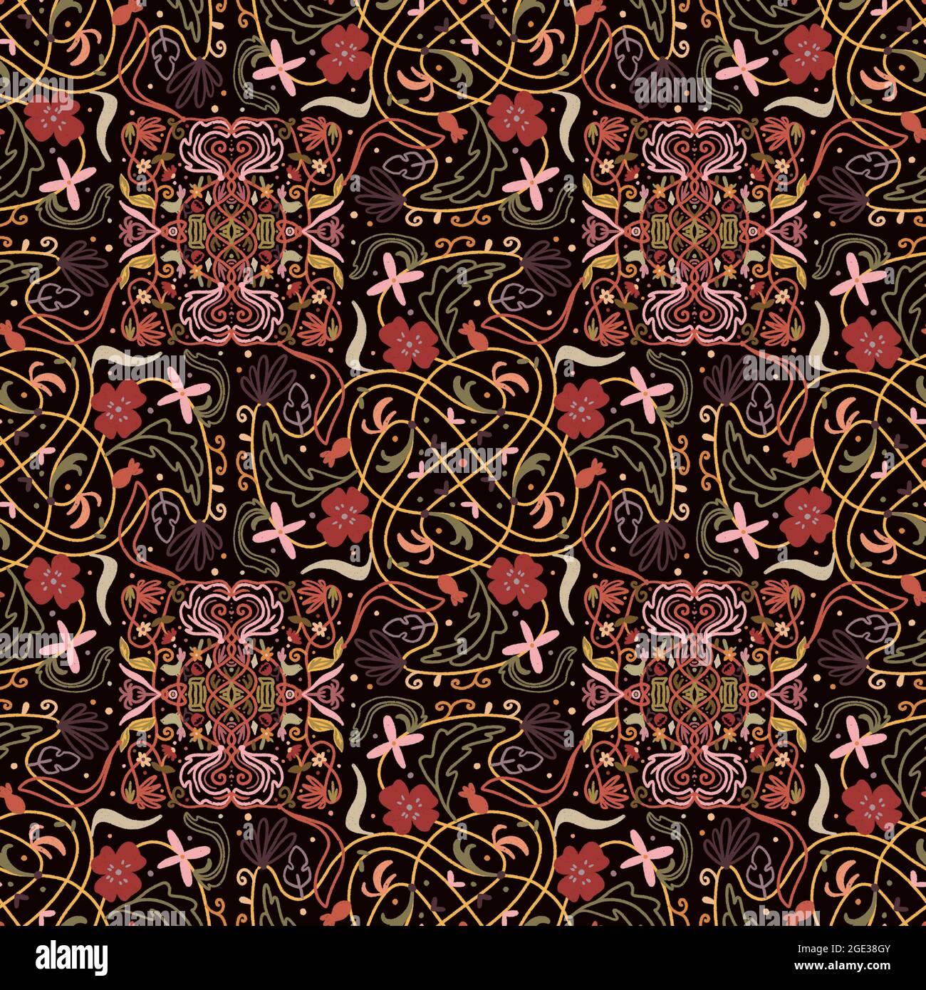 Dark bright mandala seamless pattern with leaves and flowers. Ethnic ...
