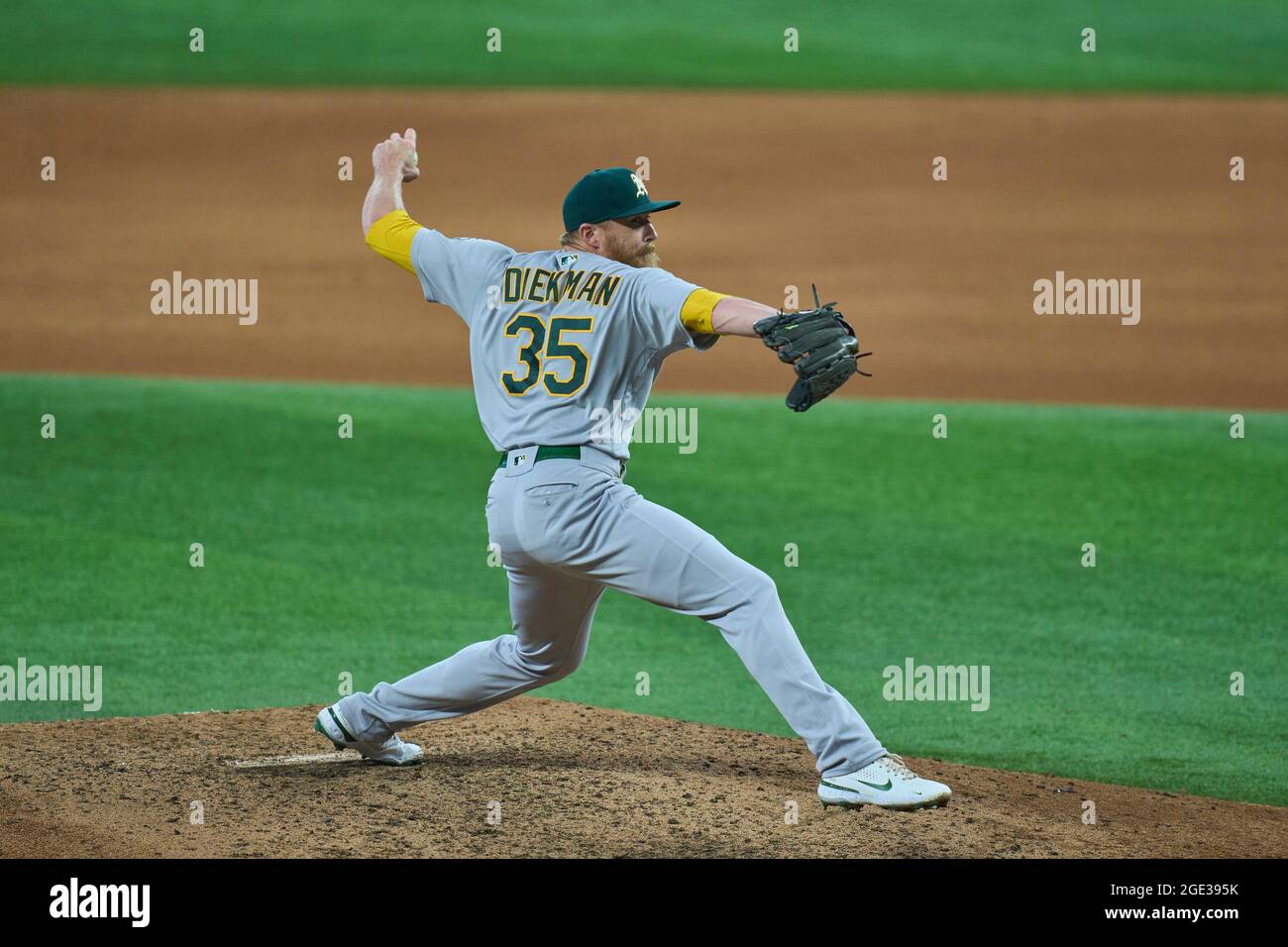 August 15 2021: Oakland pitcher Jake Diekman (35) throws a pitch during ...