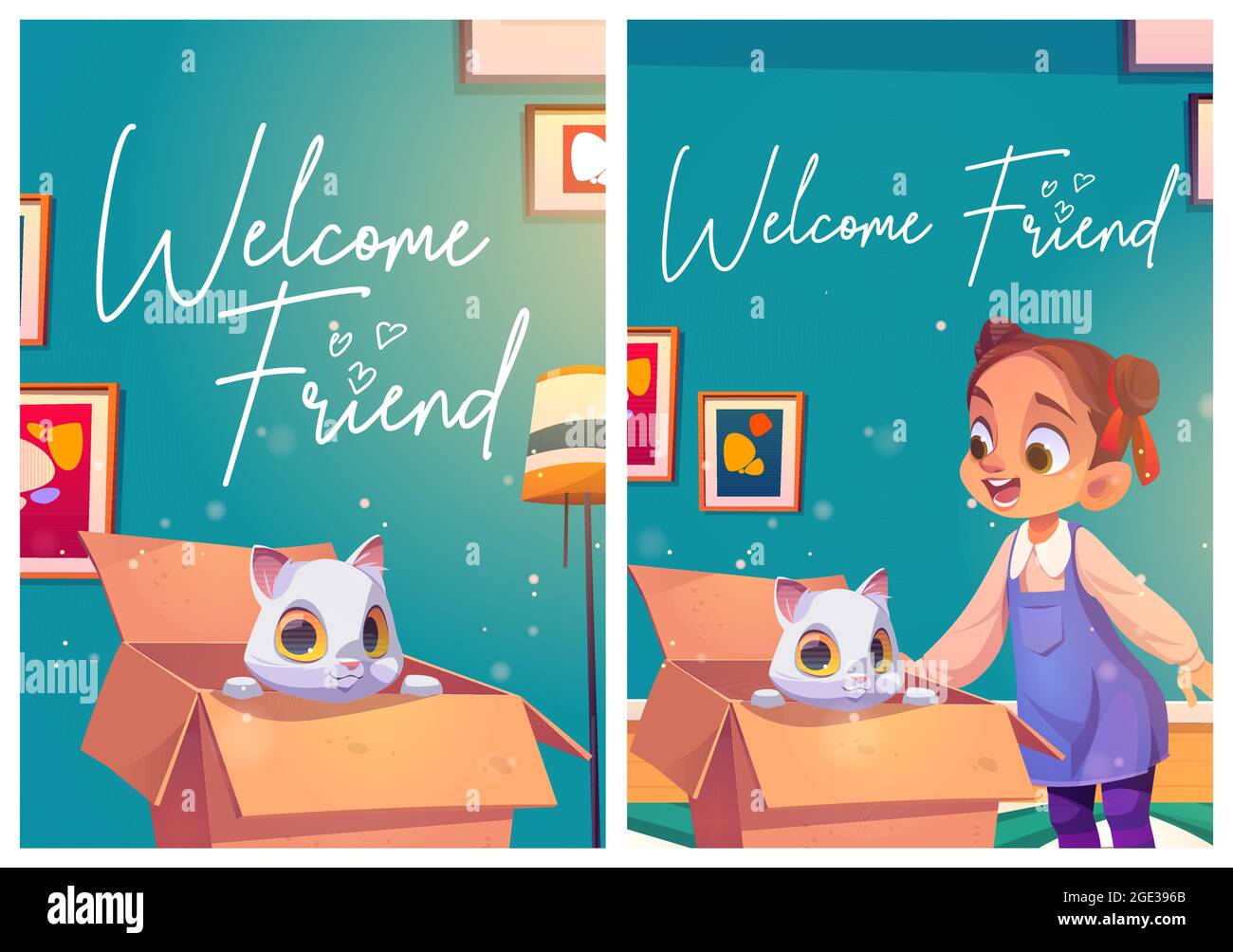 Welcome friend posters with cat in box and girl Stock Vector Image ...