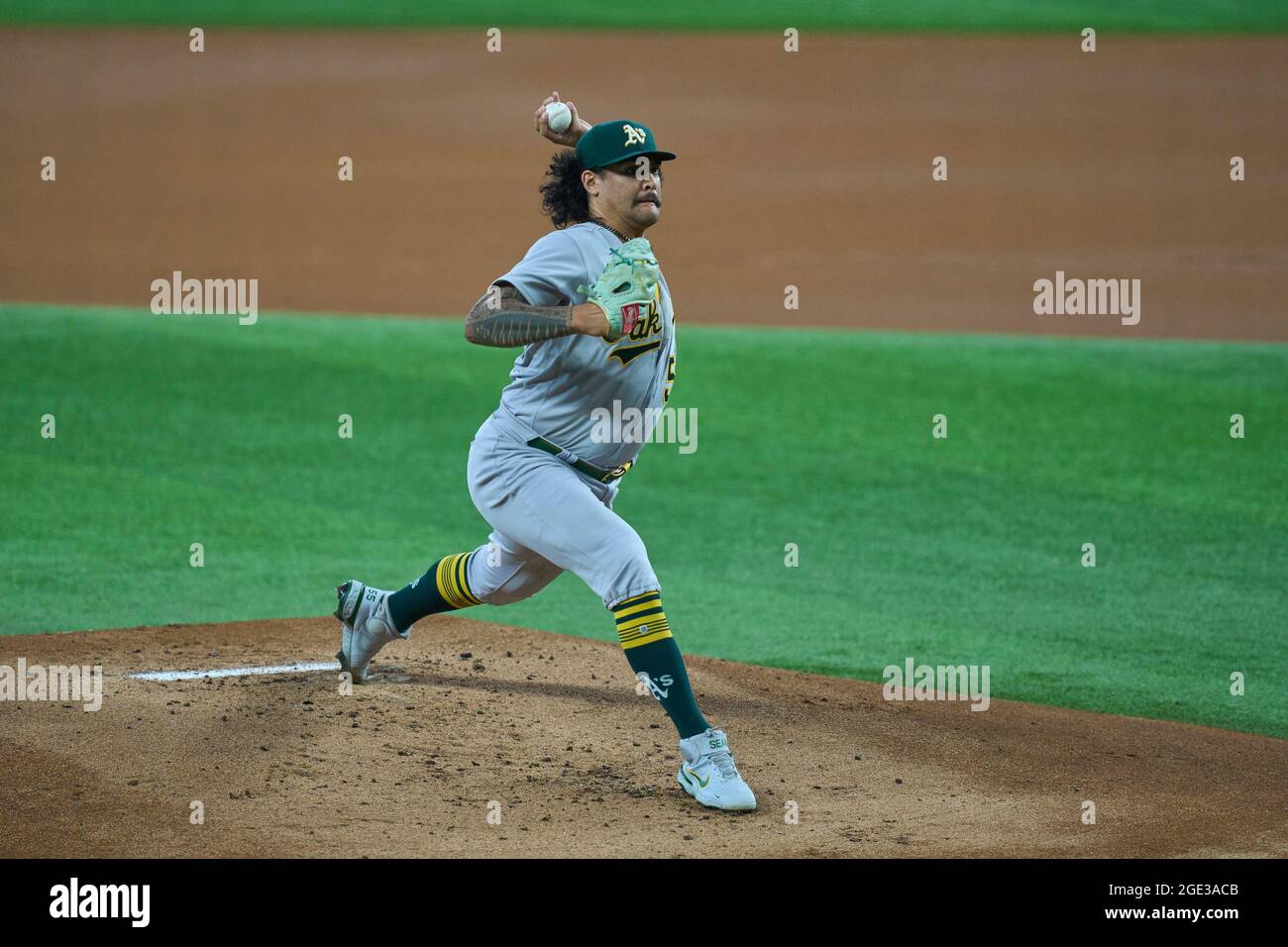 August 15 2021: Oakland pitcher Sean Manaea (20) throws a pitch during ...