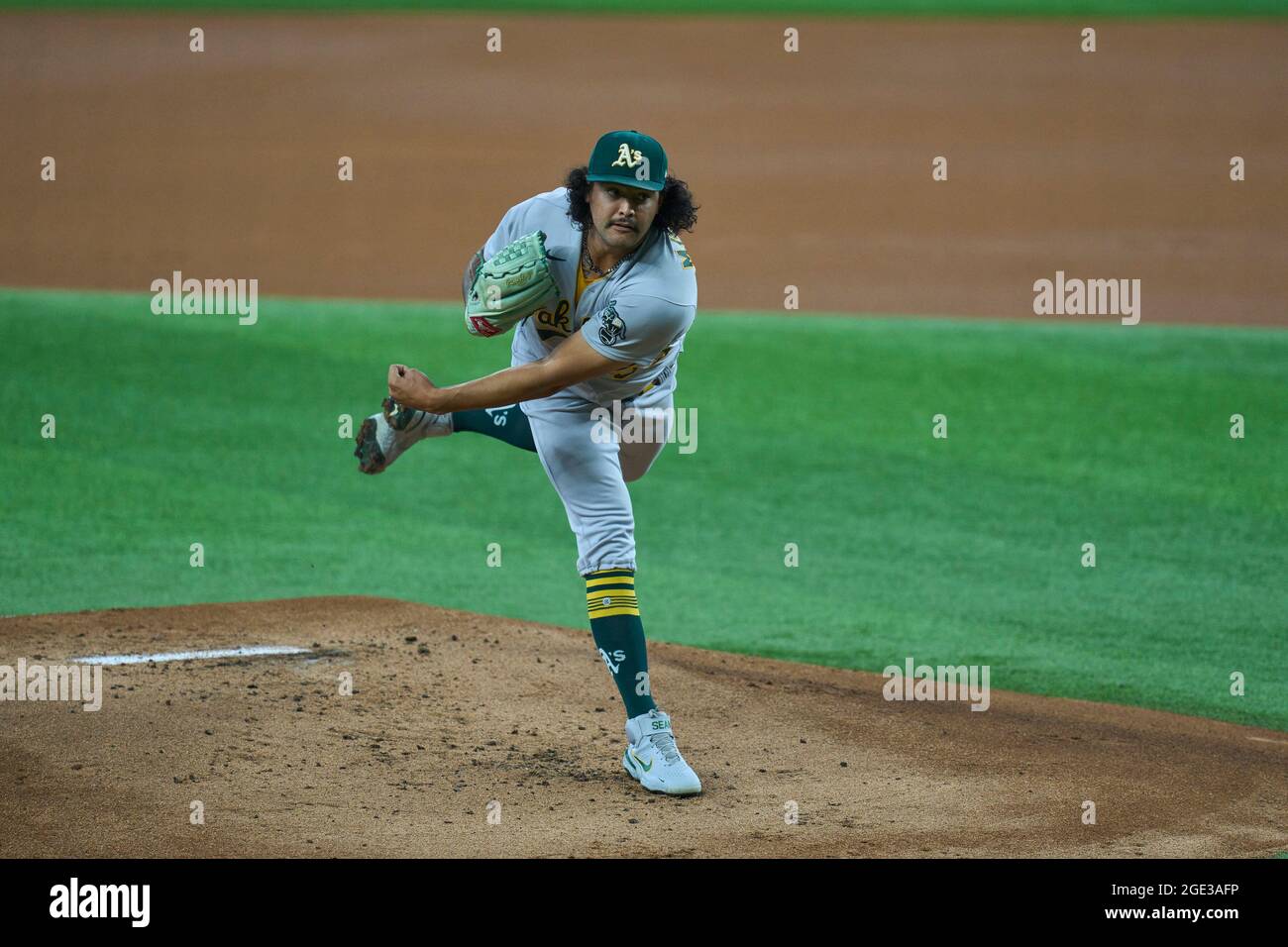 August 15 2021: Oakland pitcher Sean Manaea (20) throws a pitch during ...