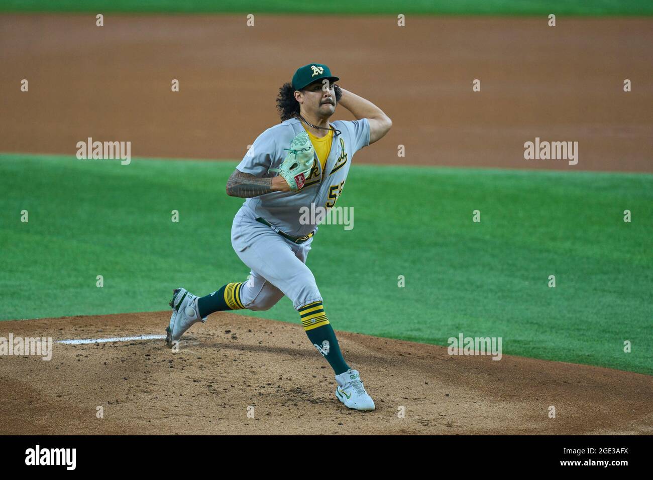 August 15 2021: Oakland pitcher Sean Manaea (20) throws a pitch during ...