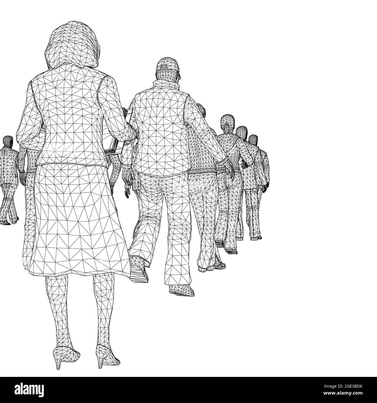 Wireframe crowd of people standing in a row of black lines isolated on ...